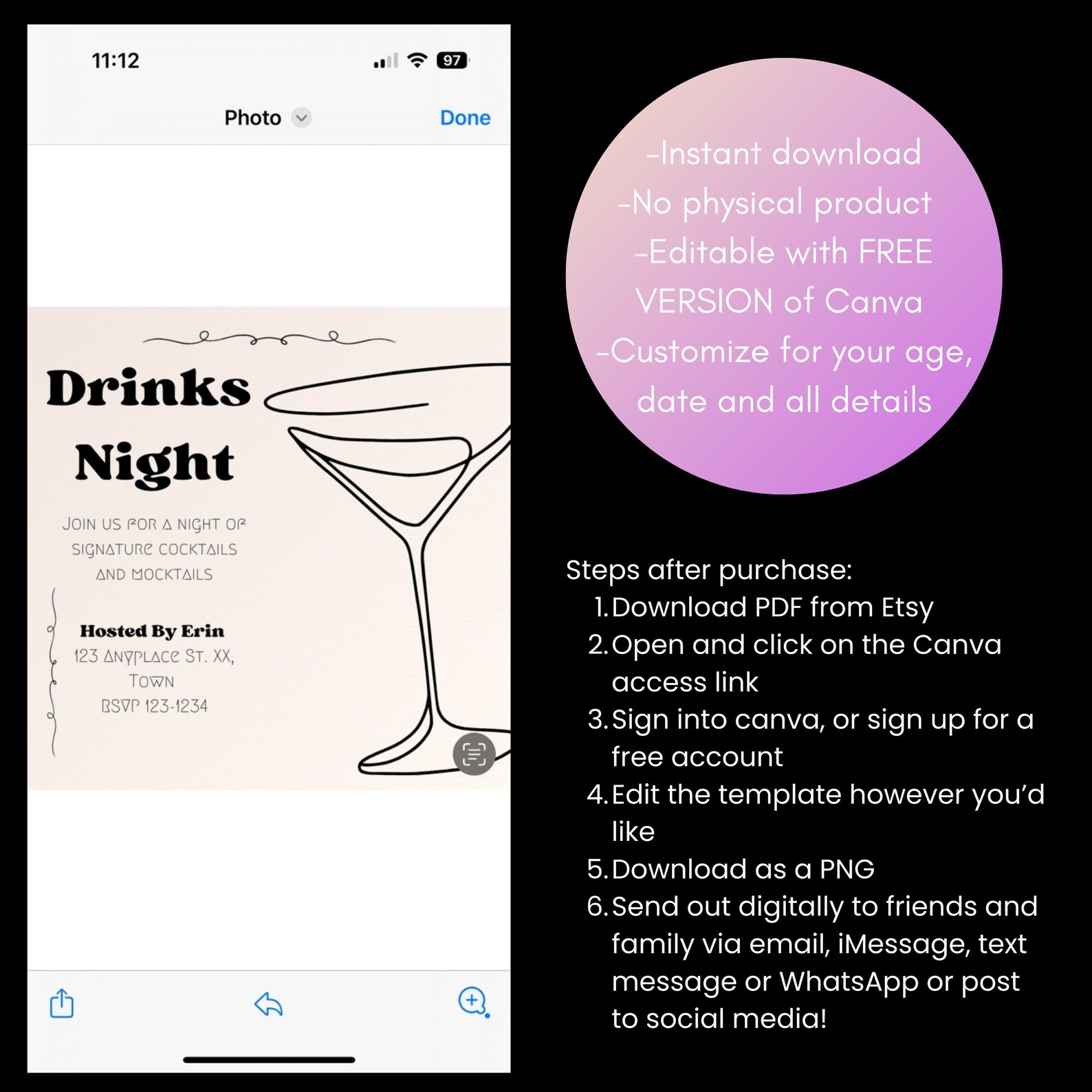 Drinks Night Invitation Template, 100% Editable Digital Square Invite ...