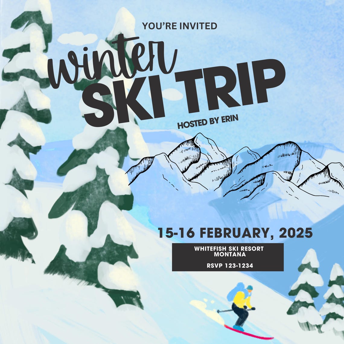Ski or Snowboard Trip Invitation Template, 100% Editable Digital Invite ...