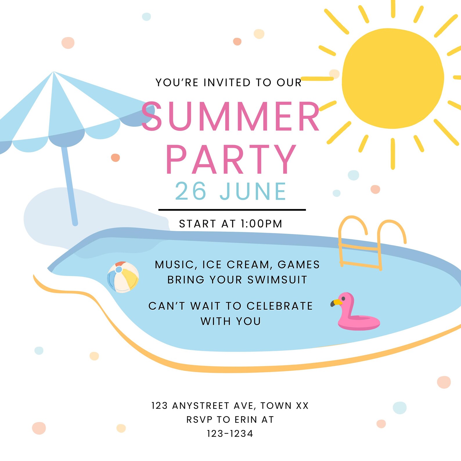 Summer Party Invitation Template, 100% Editable Digital Square Invite ...