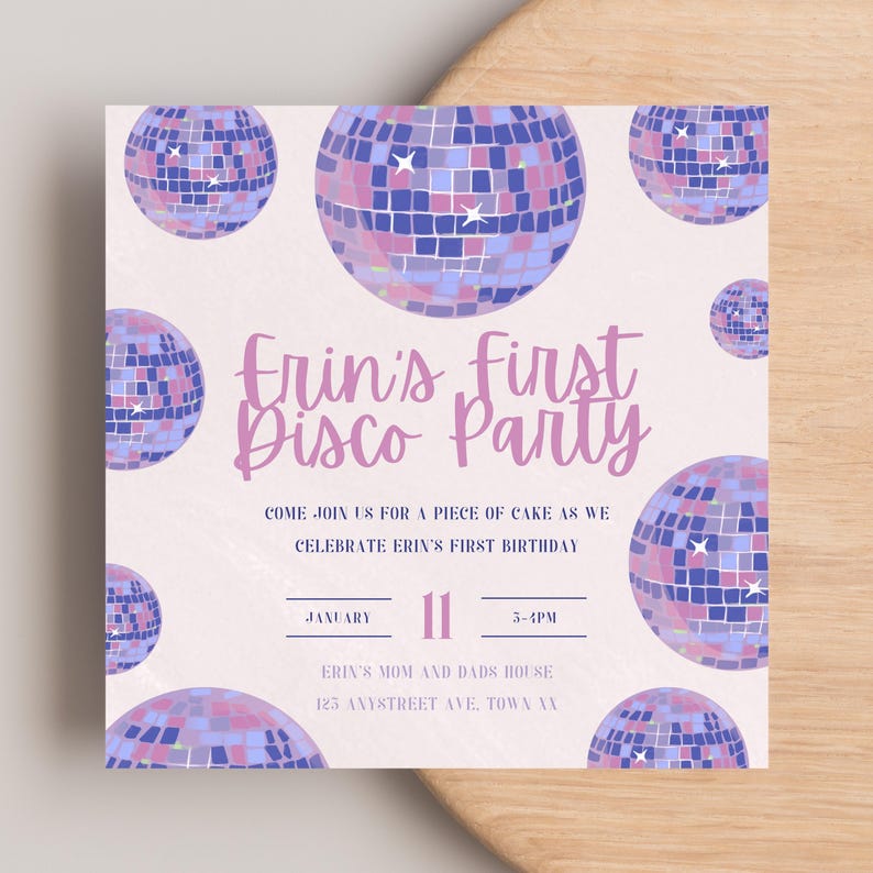 Purple First Birthday Disco Party Invitation Template, 100% Editable ...