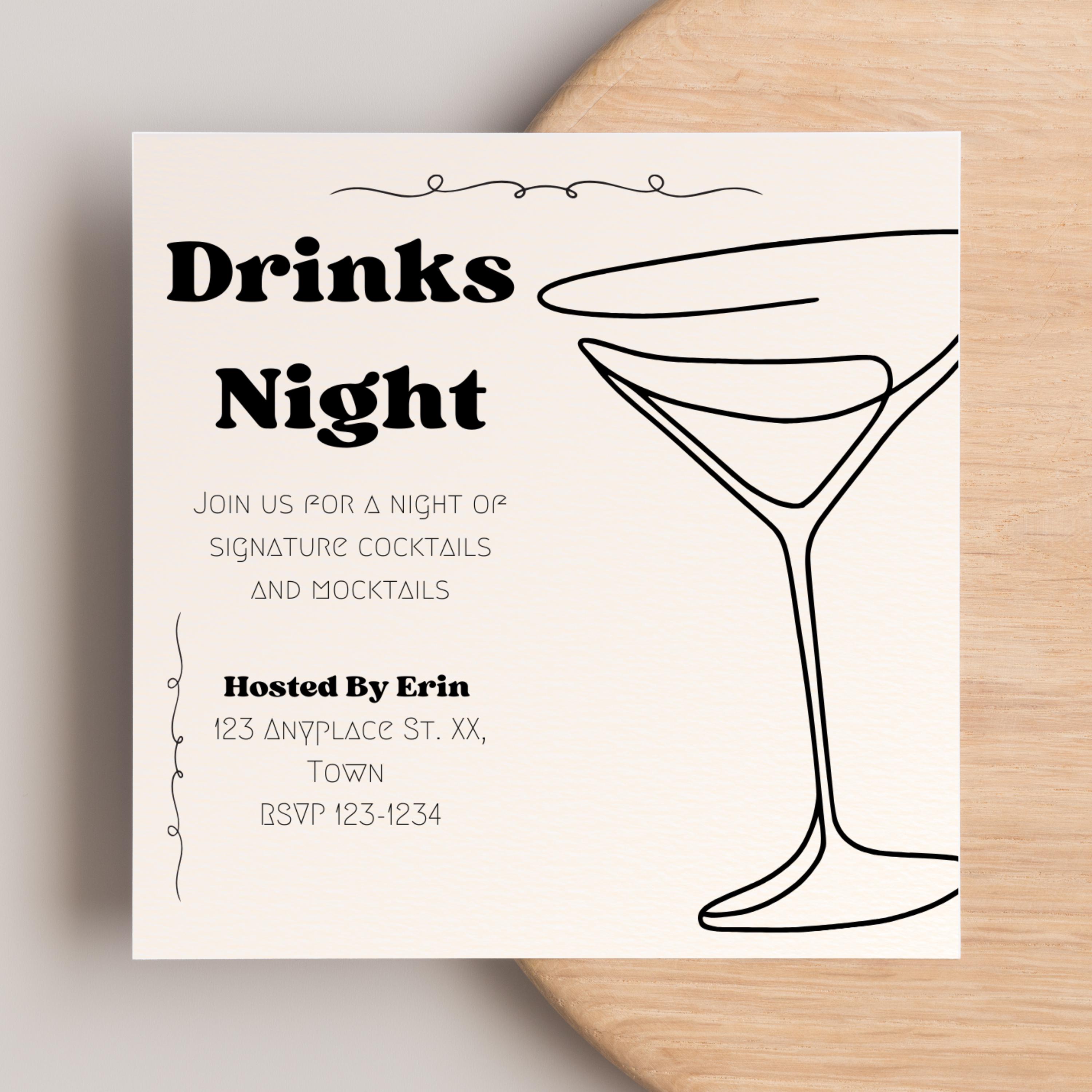 Drinks Night Invitation Template, 100% Editable Digital Square Invite ...