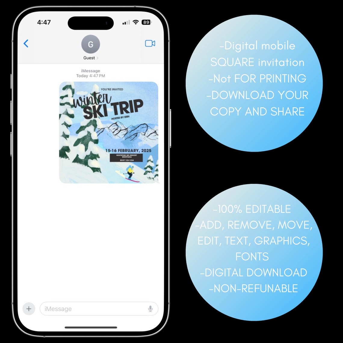 Ski or Snowboard Trip Invitation Template, 100% Editable Digital Invite ...