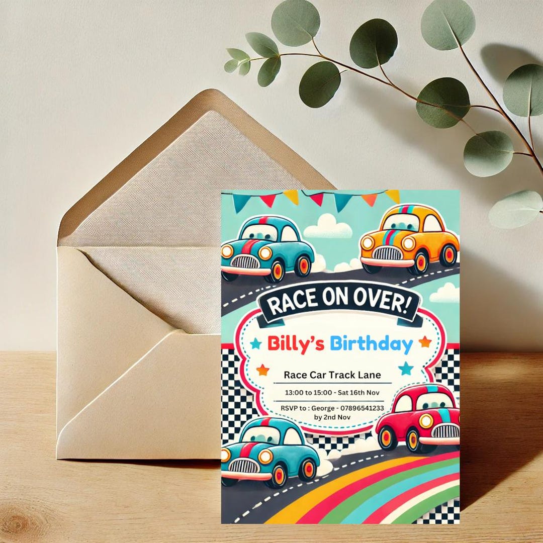 Race Car Birthday Invitation, Kids Birthday Invite, Personalised ...