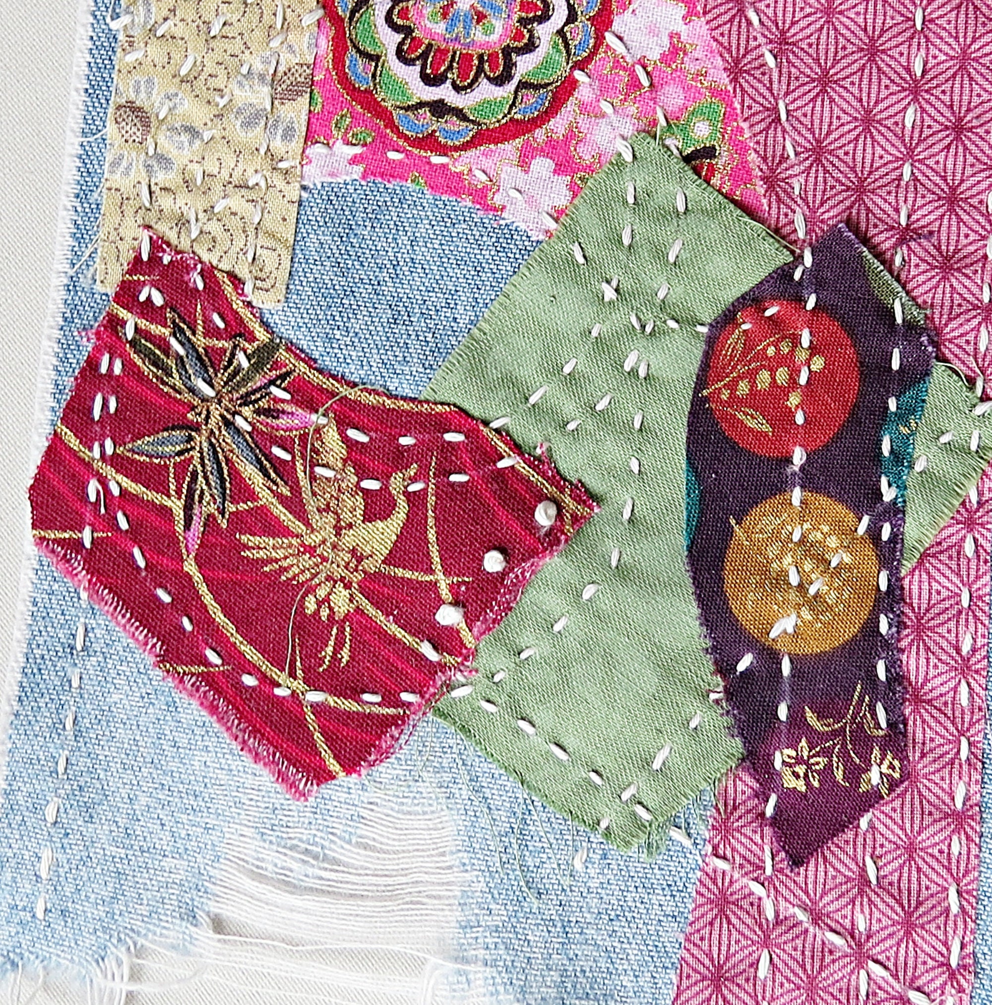 Sashiko PATCH Slow Stitched Asian Fabrics on Faded Denim MOP Button - Etsy