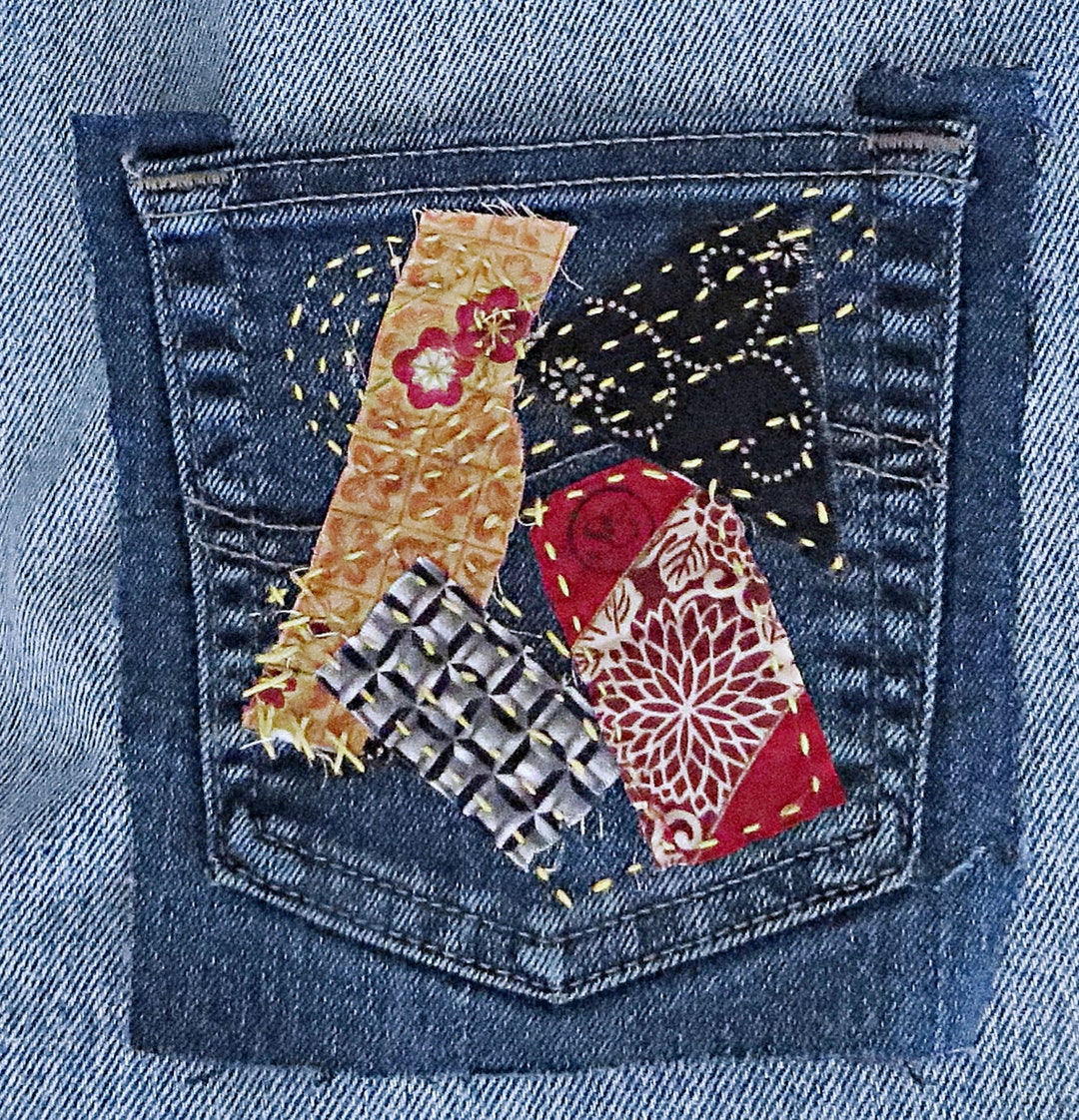 Sashiko Pocket Boro Japanese Designed On Denim Mending Piece Etsy