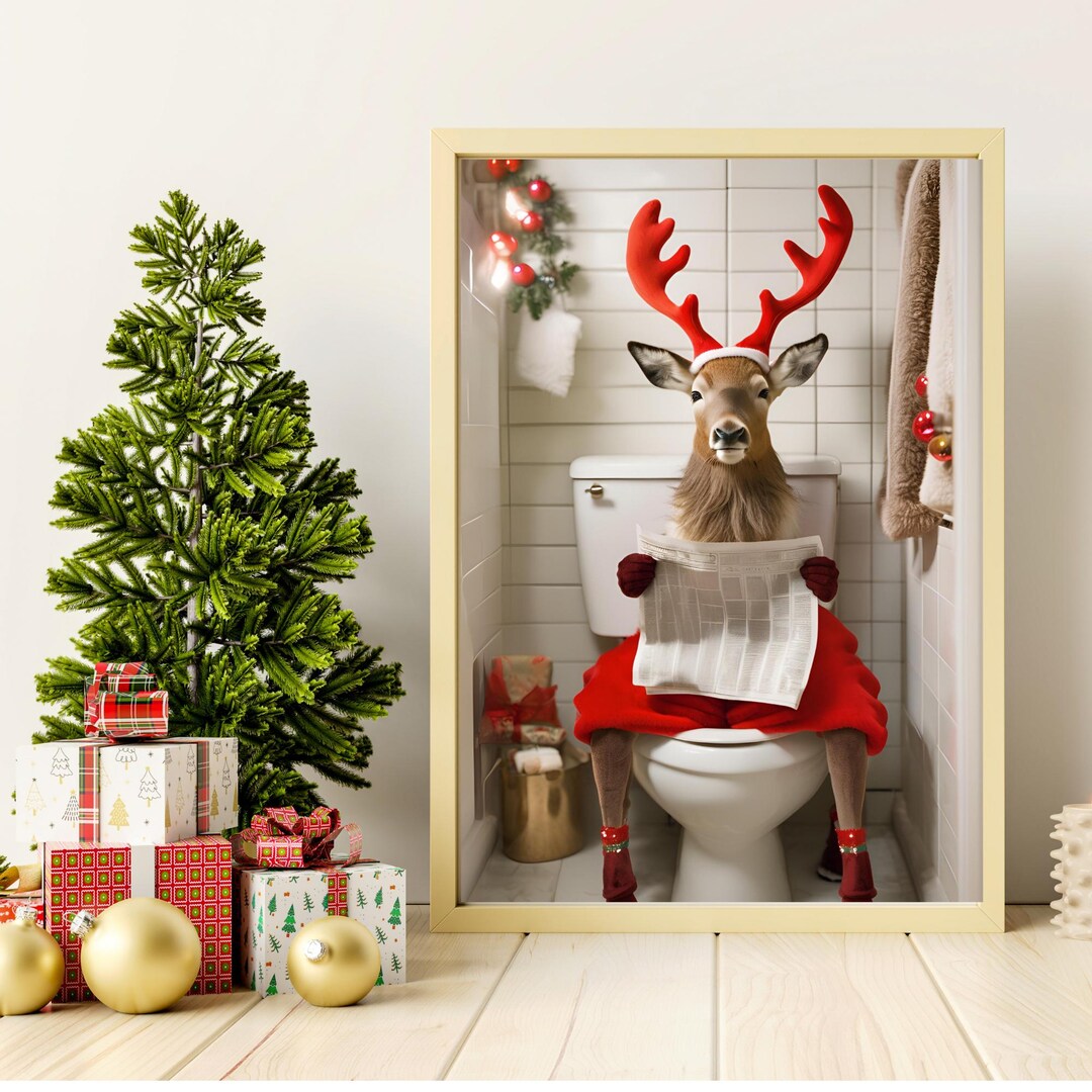 Funny Christmas Bathroom Wall Art Reindeer Humor Digital Print Festive ...
