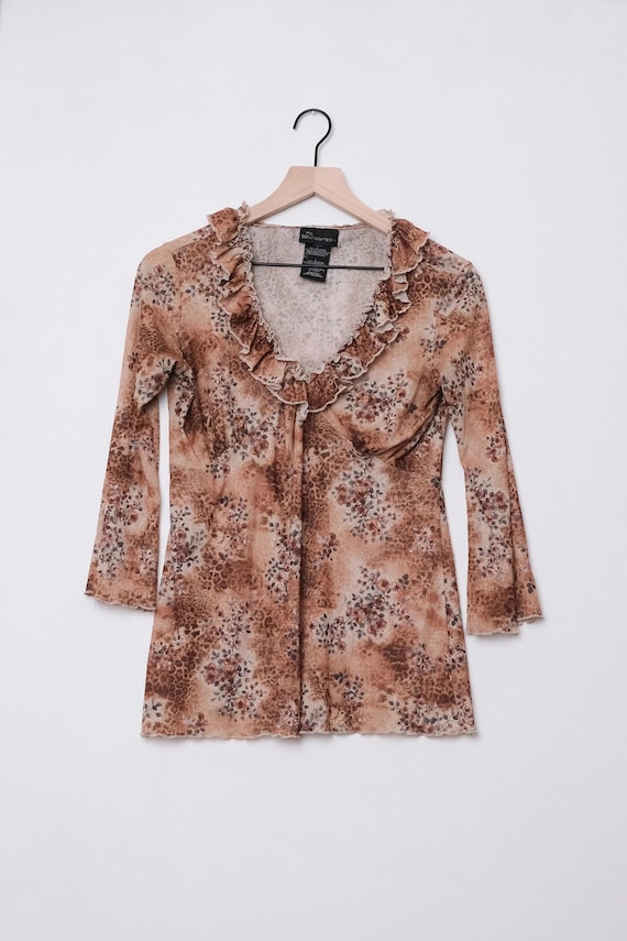 No Boundaries Brown Ruffle Leopard Floral Blouse US 8… - Gem
