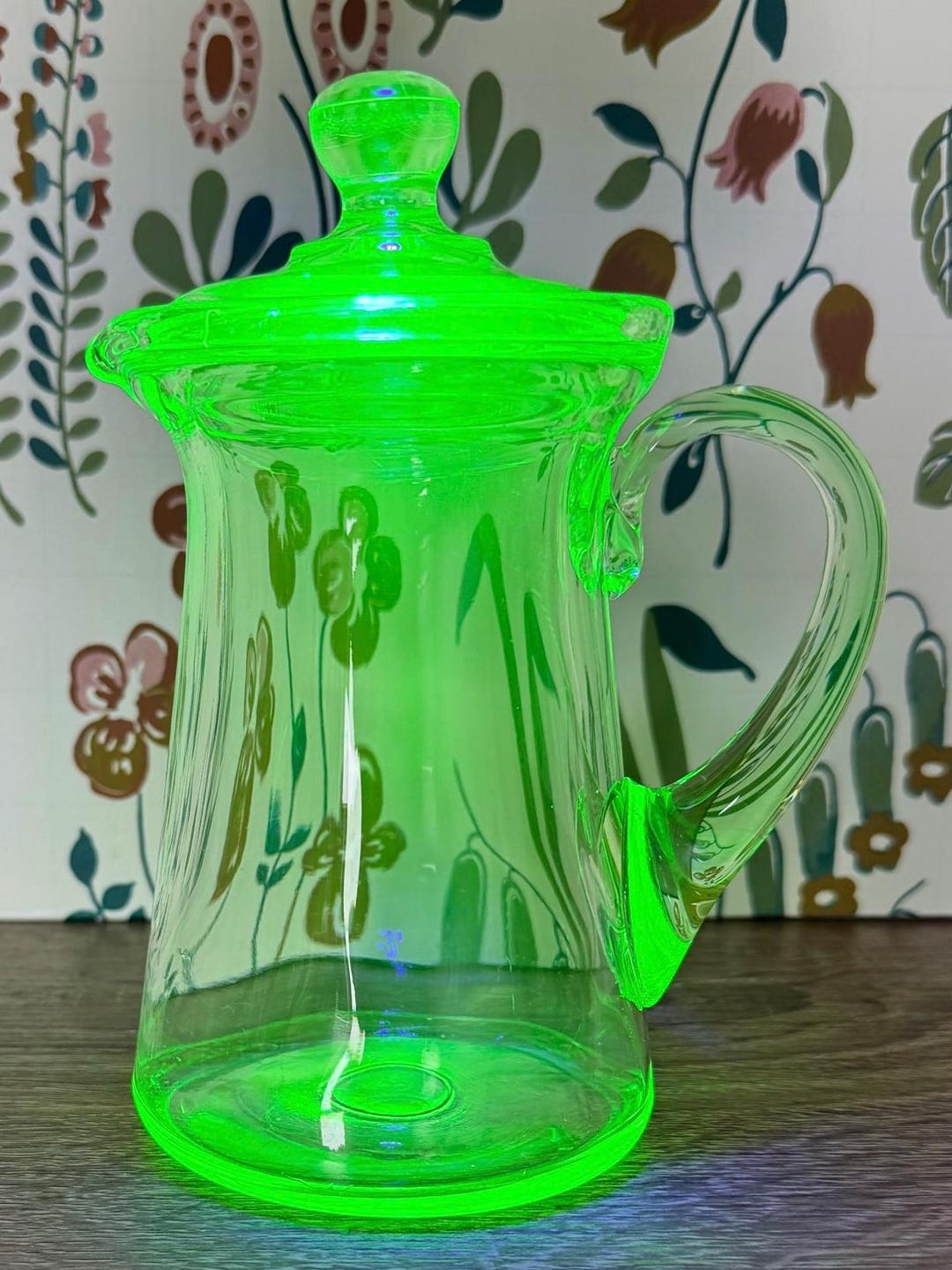 Vintage Uranium Glass Small Pitcher With Lid - Etsy