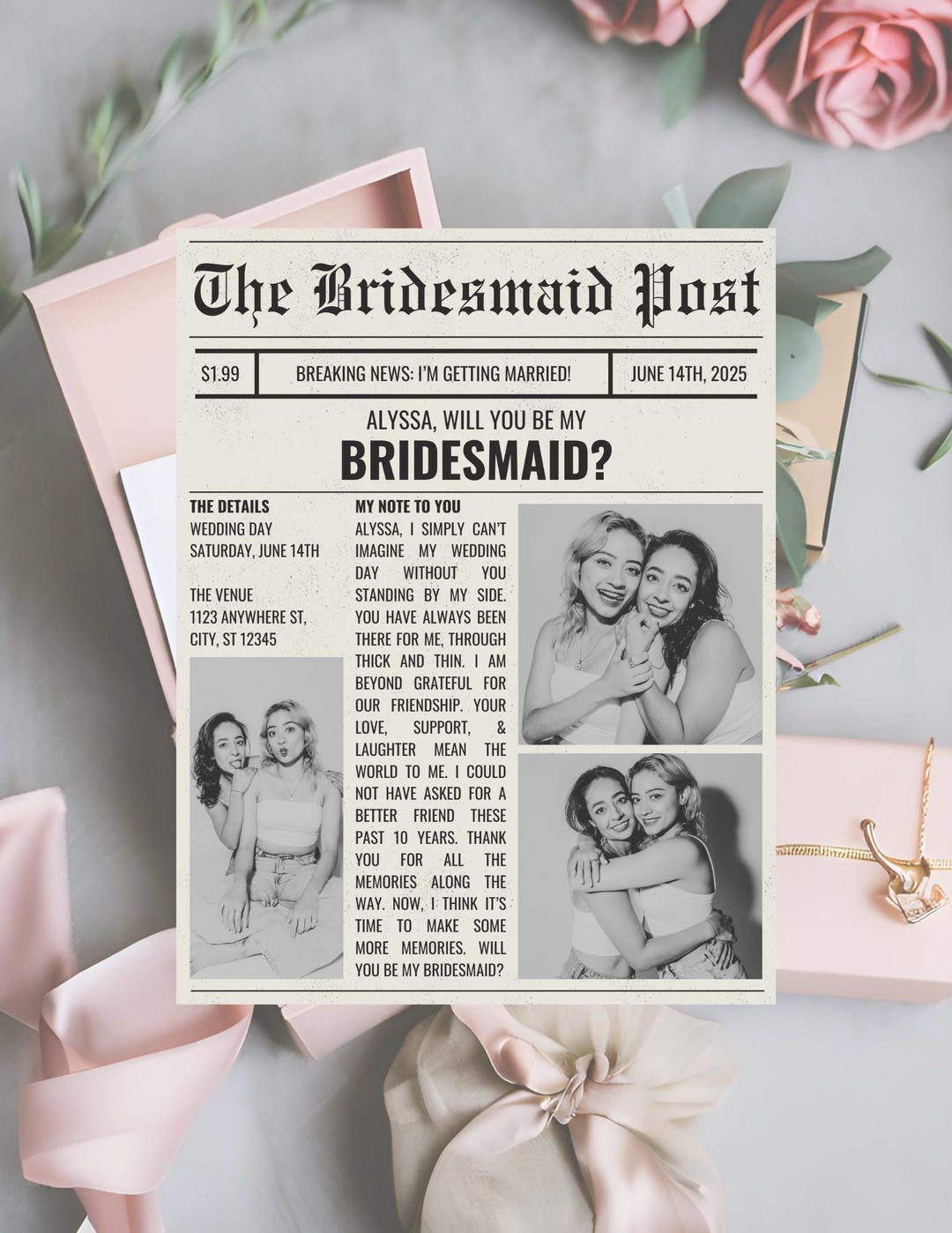 Newspaper Bridesmaid Proposal Template, Editable Wedding Newspaper ...