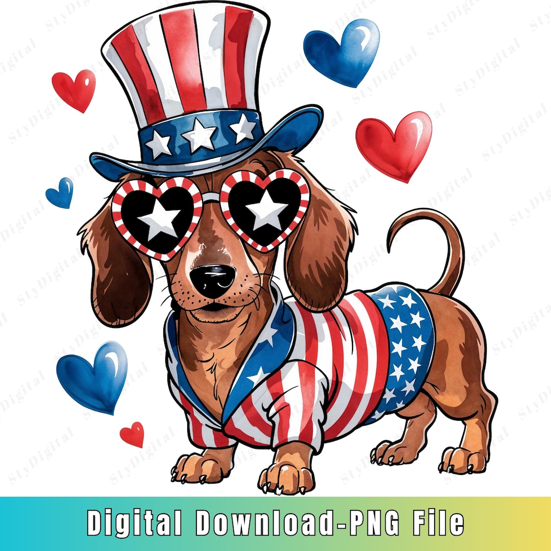 Patriotic Dachshund Clipart: 4th of July USA Flag Dog (PNG Digital ...