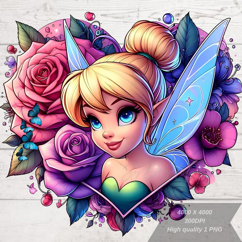 Tinker Bell Floral PNG: High-resolution Sublimation Design (digital ...