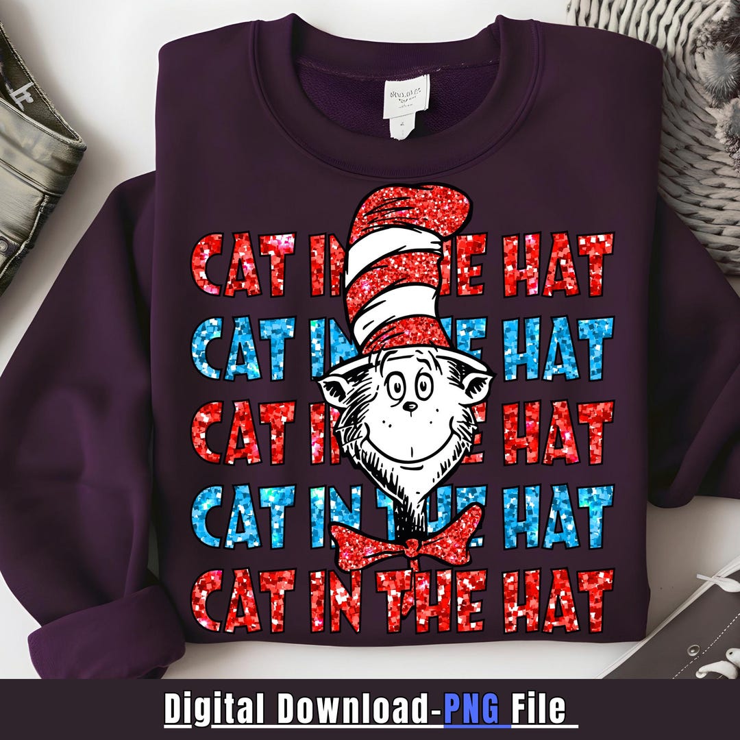 Cat in the Hat Png, Dr Seuss Glitter Png, Red Blue Sparkle Cat Hat Png ...
