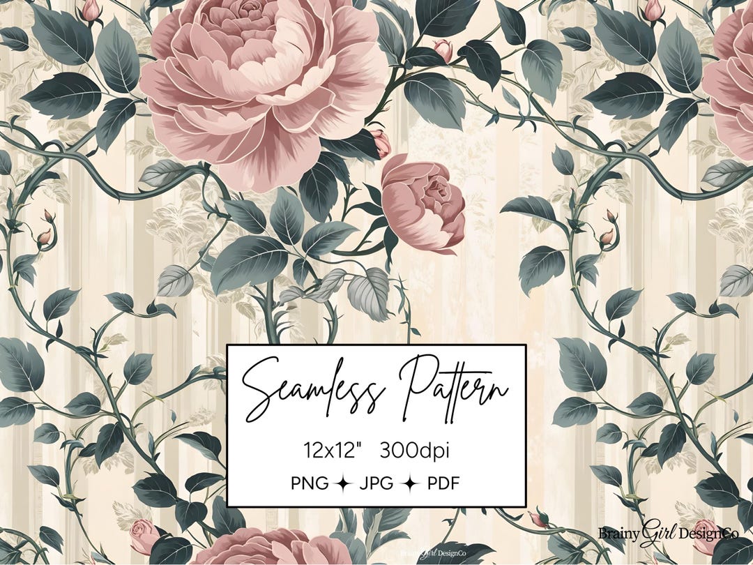 Vintage Rose Seamless Repeating Pattern PNG JPG PDF, Dusty Pink Floral ...