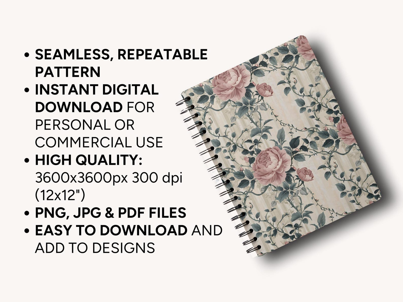 Vintage Rose Seamless Repeating Pattern PNG JPG PDF, Dusty Pink Floral ...