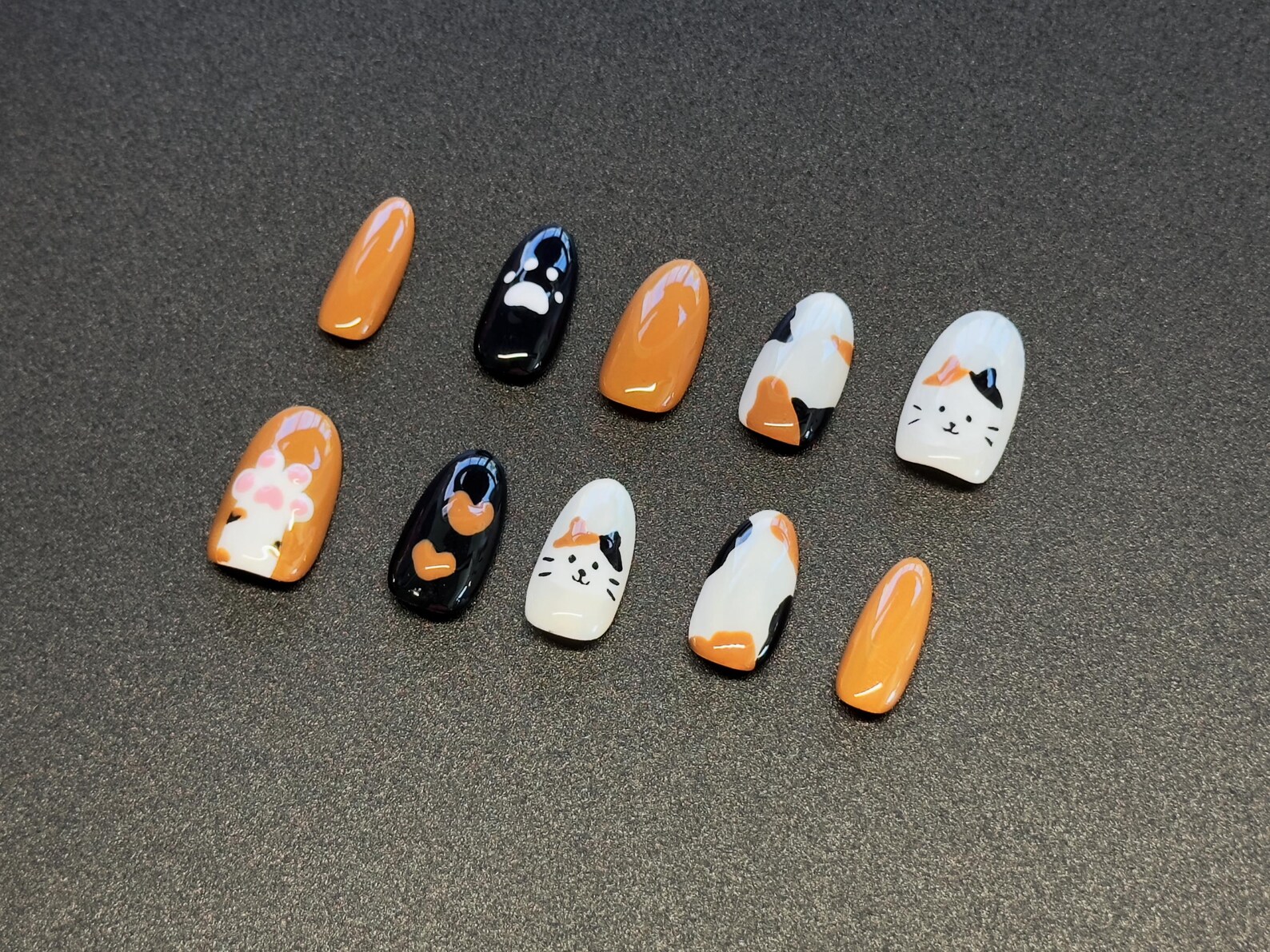 Hand-painted Cat Lover Press on Nails – Kawaii Calico Cat & Paw Print ...