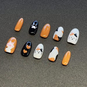 Hand-painted Cat Lover Press on Nails – Kawaii Calico Cat & Paw Print ...