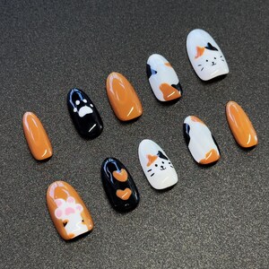 Hand-painted Cat Lover Press on Nails – Kawaii Calico Cat & Paw Print ...