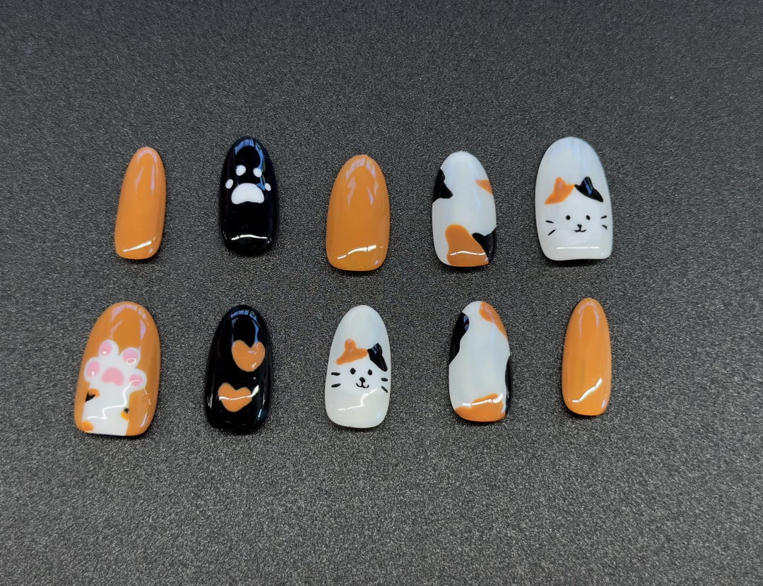 Hand-painted Cat Lover Press on Nails – Kawaii Calico Cat & Paw Print ...