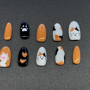 Hand-painted Cat Lover Press on Nails – Kawaii Calico Cat & Paw Print ...