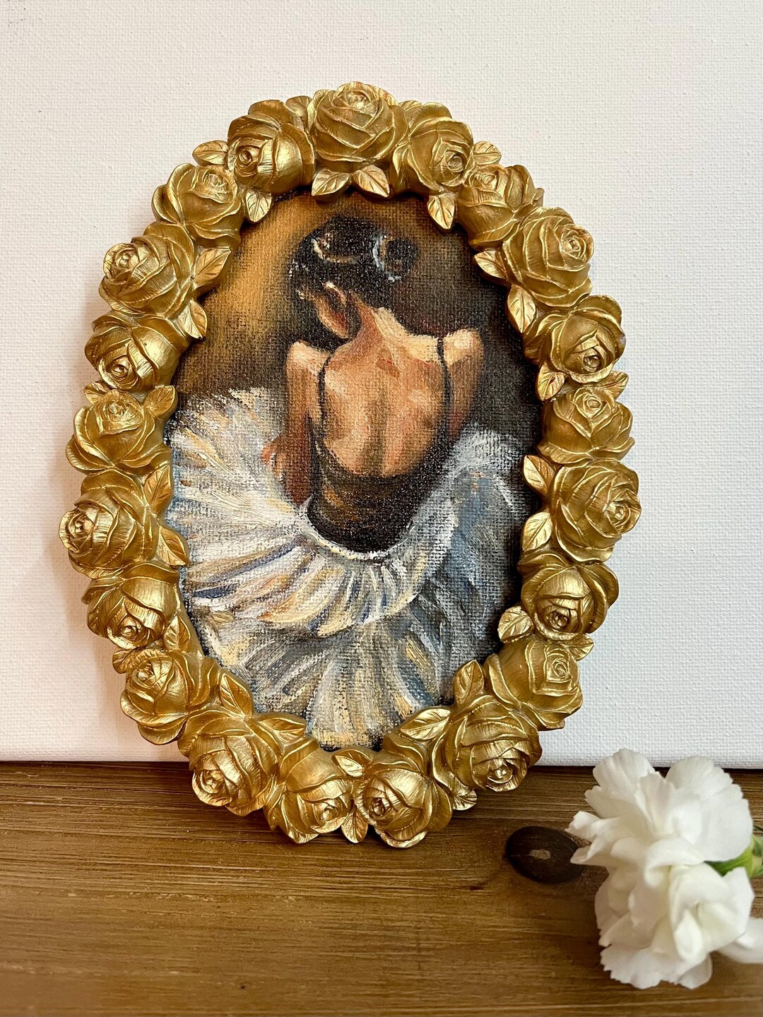 Miniature Ballerina Original Oil Painting Vintage Oval Golden Frame ...