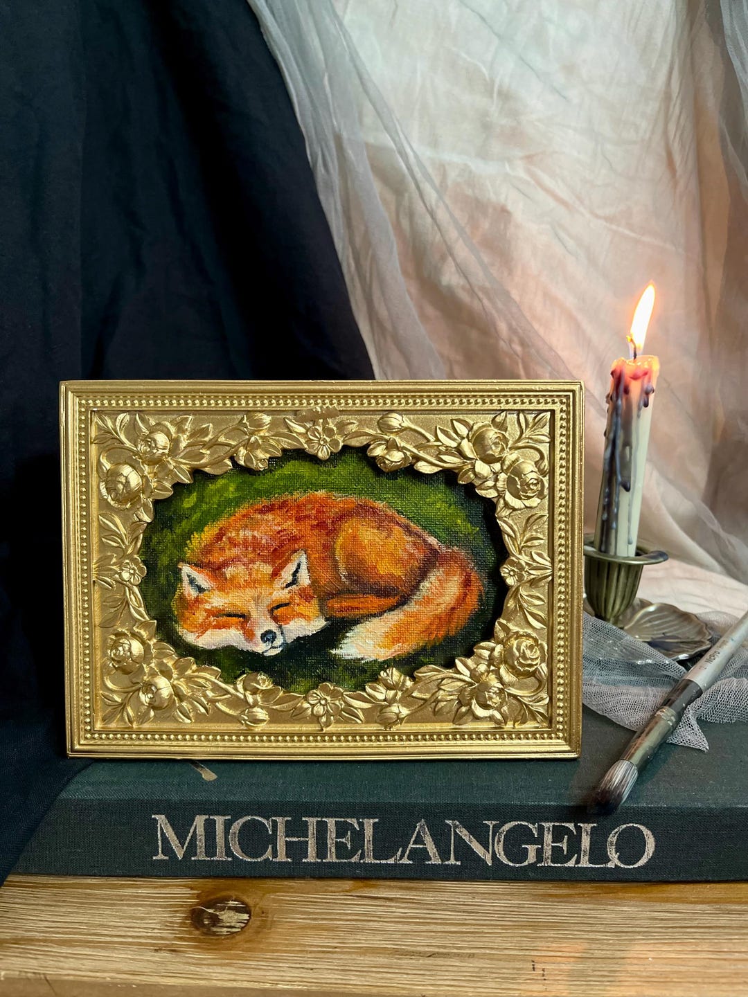 Sleeping Fox Gold Frame Original Oil Painting Animal Wall Art - Etsy