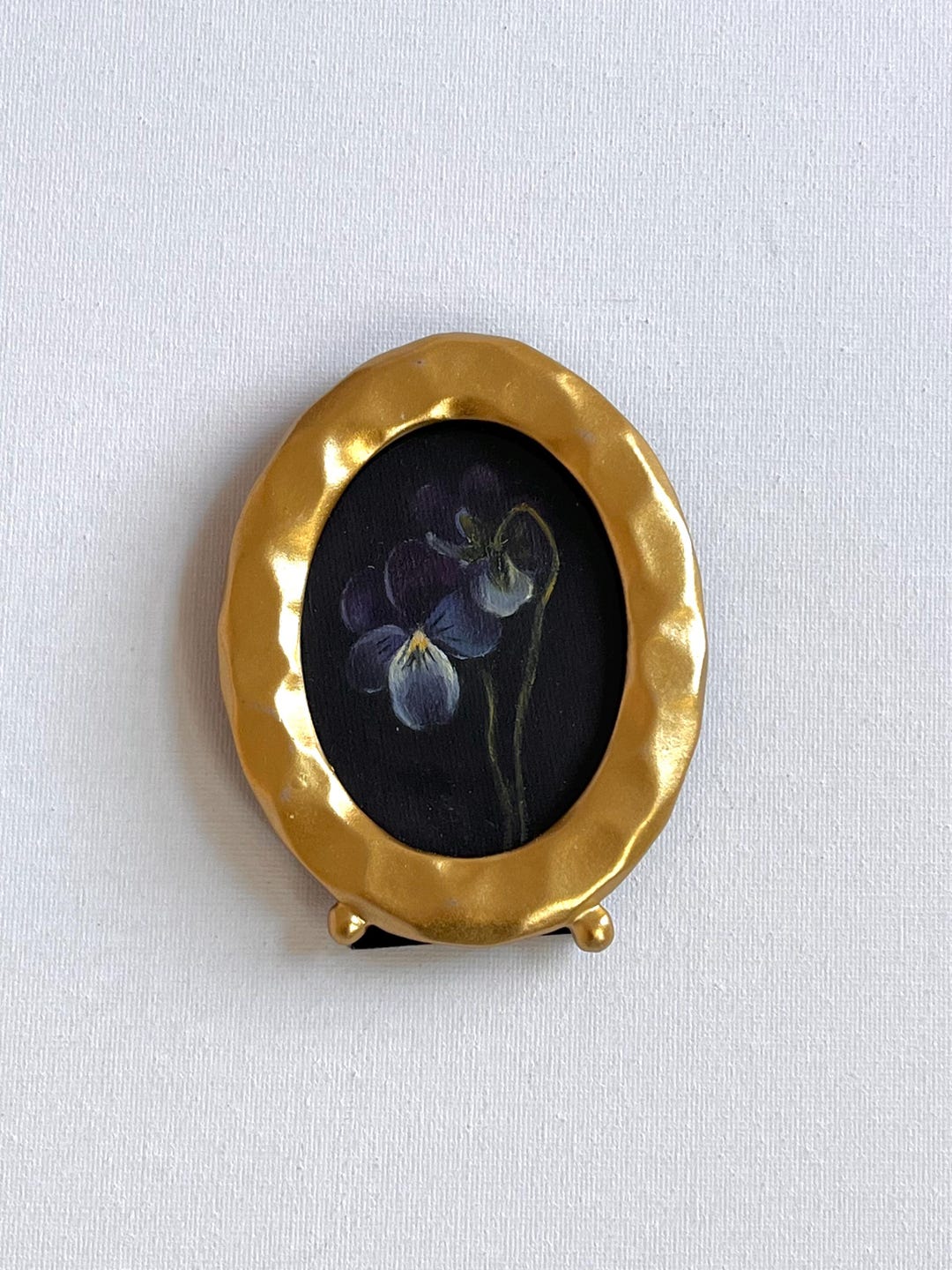 Original Oil Painting Miniature Pansy Violet Flowers Golden Oval Frame ...