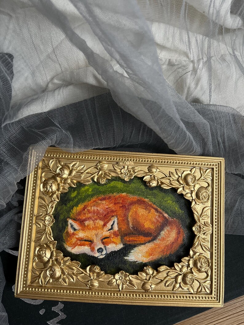 Sleeping Fox Gold Frame Original Oil Painting Animal Wall Art - Etsy