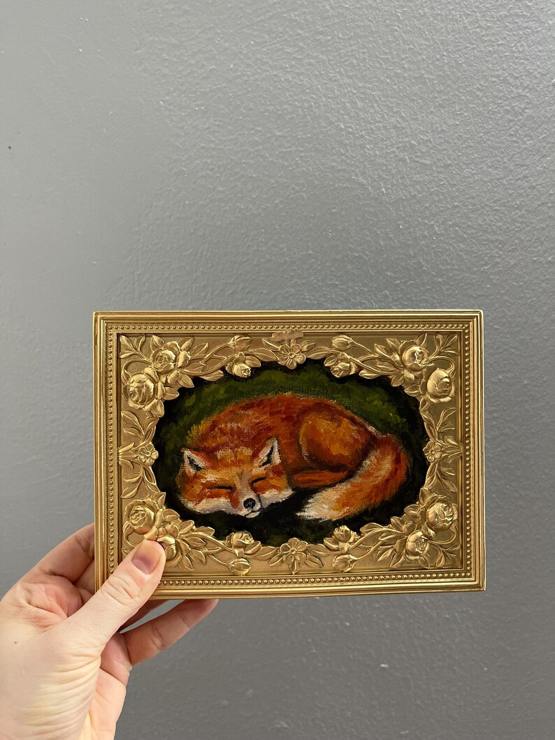 Sleeping Fox Gold Frame Original Oil Painting Animal Wall Art - Etsy