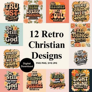 12 Christian Digital Designs Bundle | Retro Scripture Prints | Faith ...