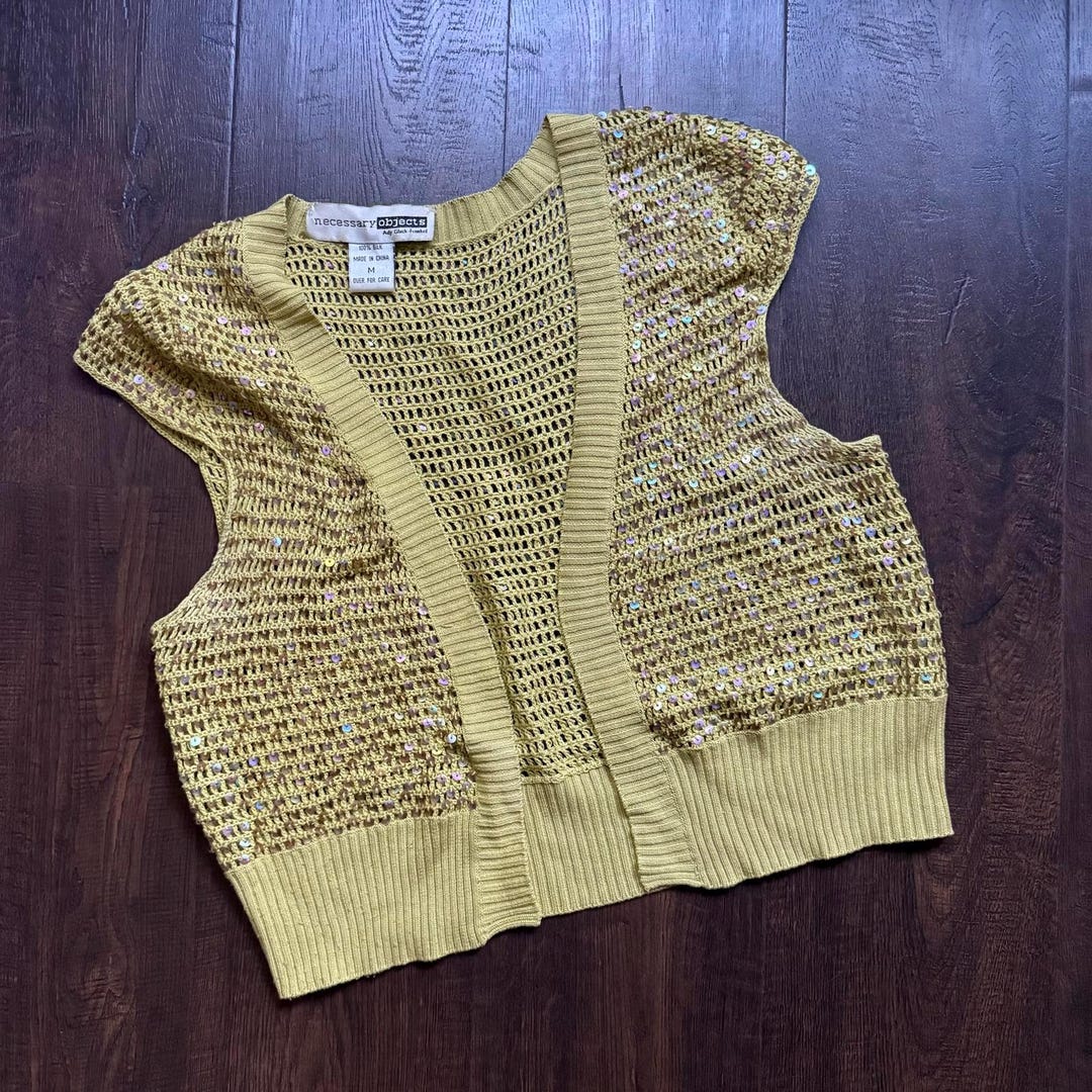 Vintage Y2K 90s Lime Green Gold Sequin Knit Sleeveless Vest Necessary ...