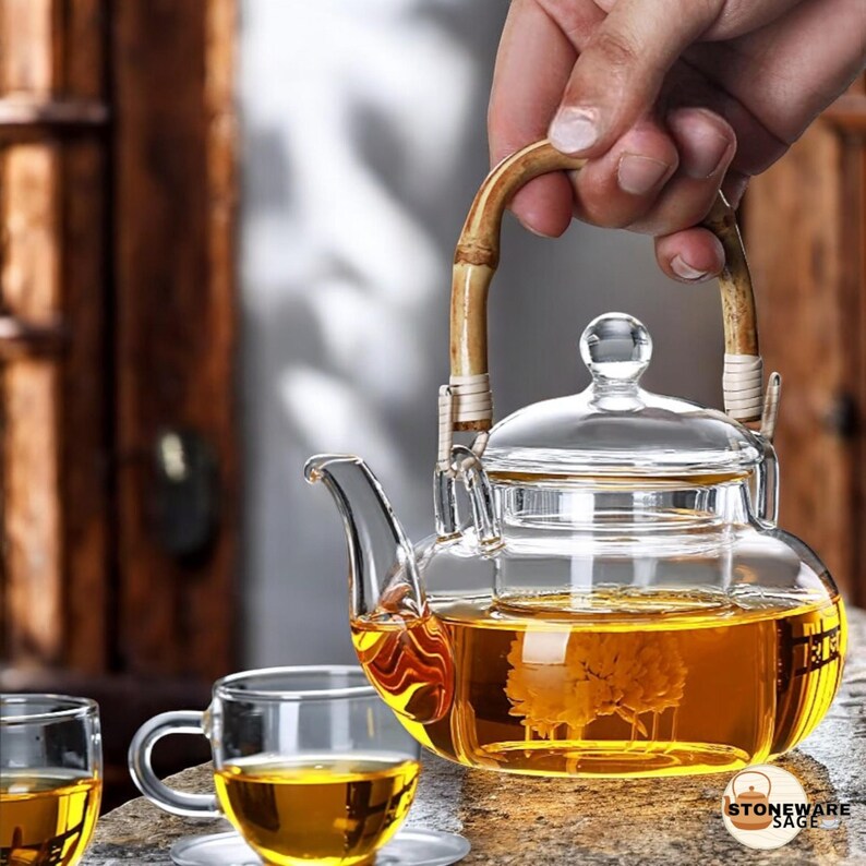 Bamboo Handle Beam Tea Pot | Glass Teapot Set With Filter | Heat ...