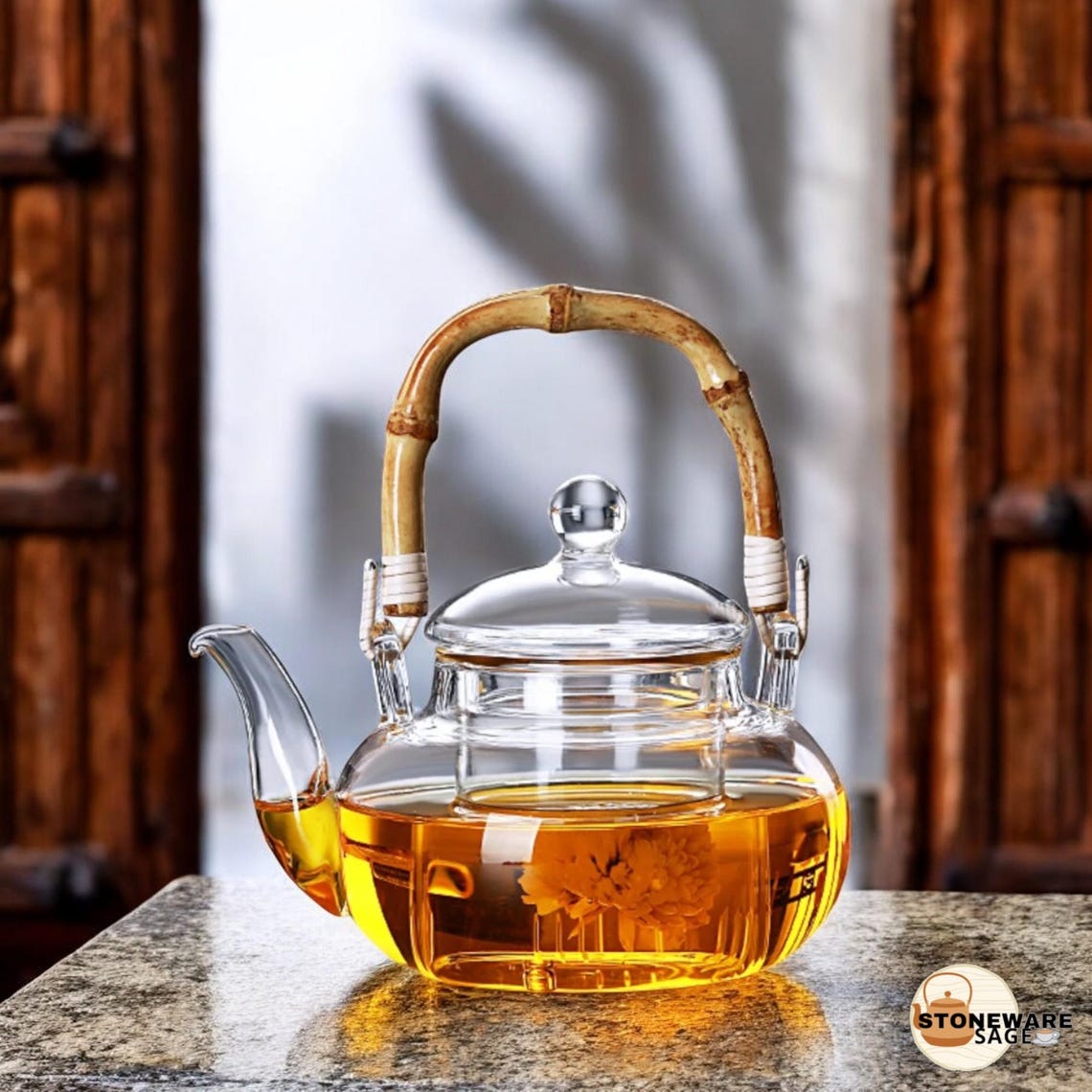 Bamboo Handle Beam Tea Pot | Glass Teapot Set With Filter | Heat ...