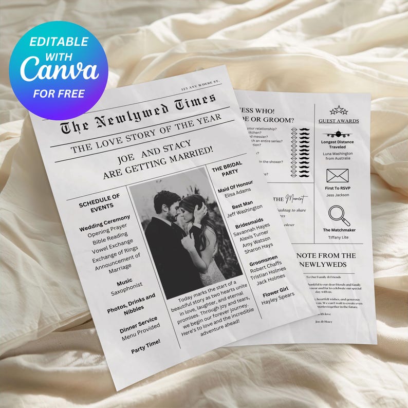 Editable Newspaper Wedding Ceremony, Newspaper Wedding Program Template ...