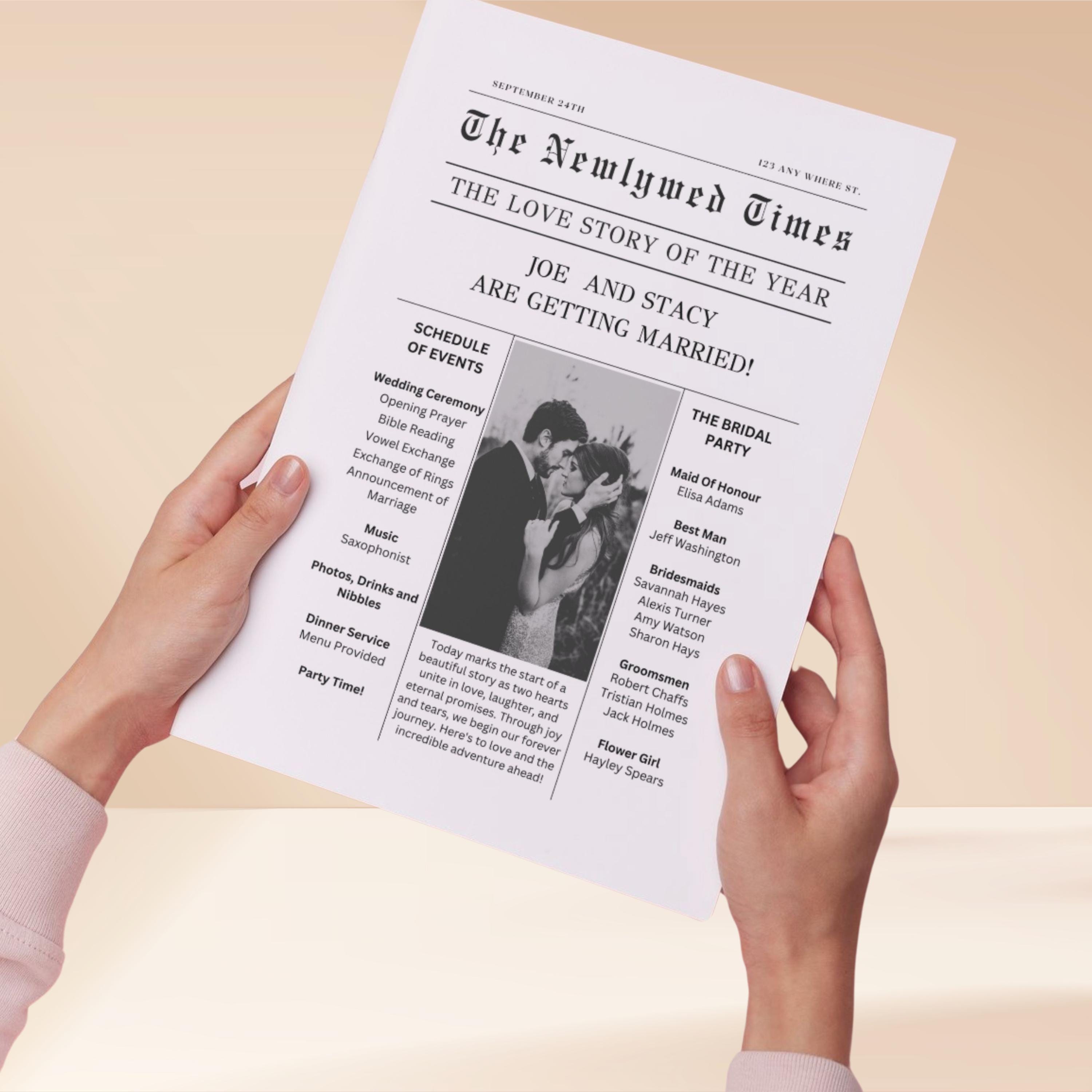 Editable Newspaper Wedding Ceremony, Newspaper Wedding Program Template ...