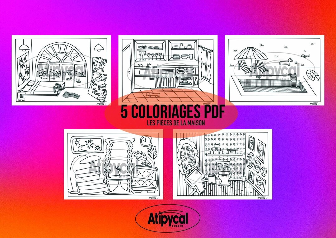 5 PDF Coloring Pages Rooms of the House Atipycal Studio - Etsy