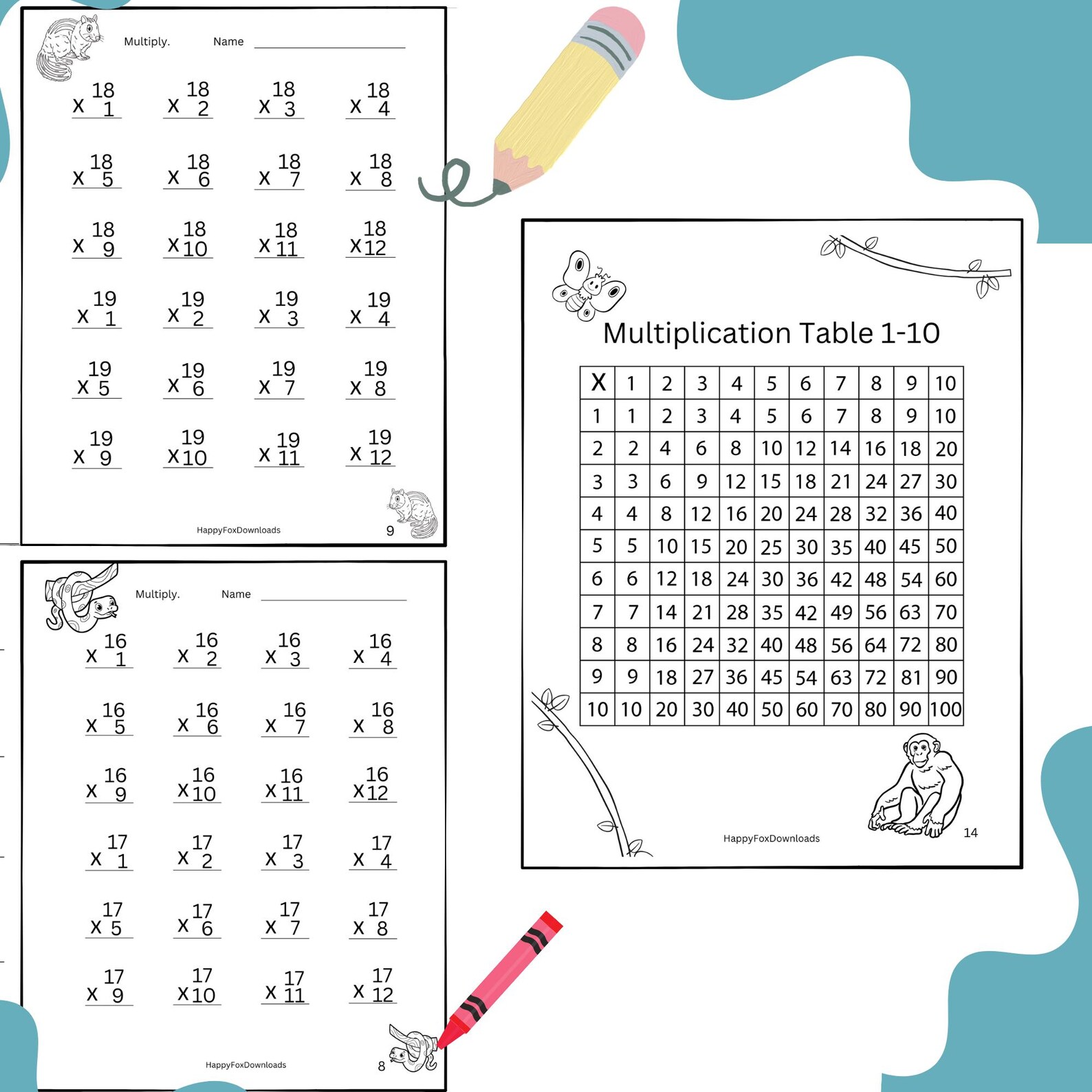 Multiplication Practice Worksheets: Wild Animals, Grades 1-4 (digital ...
