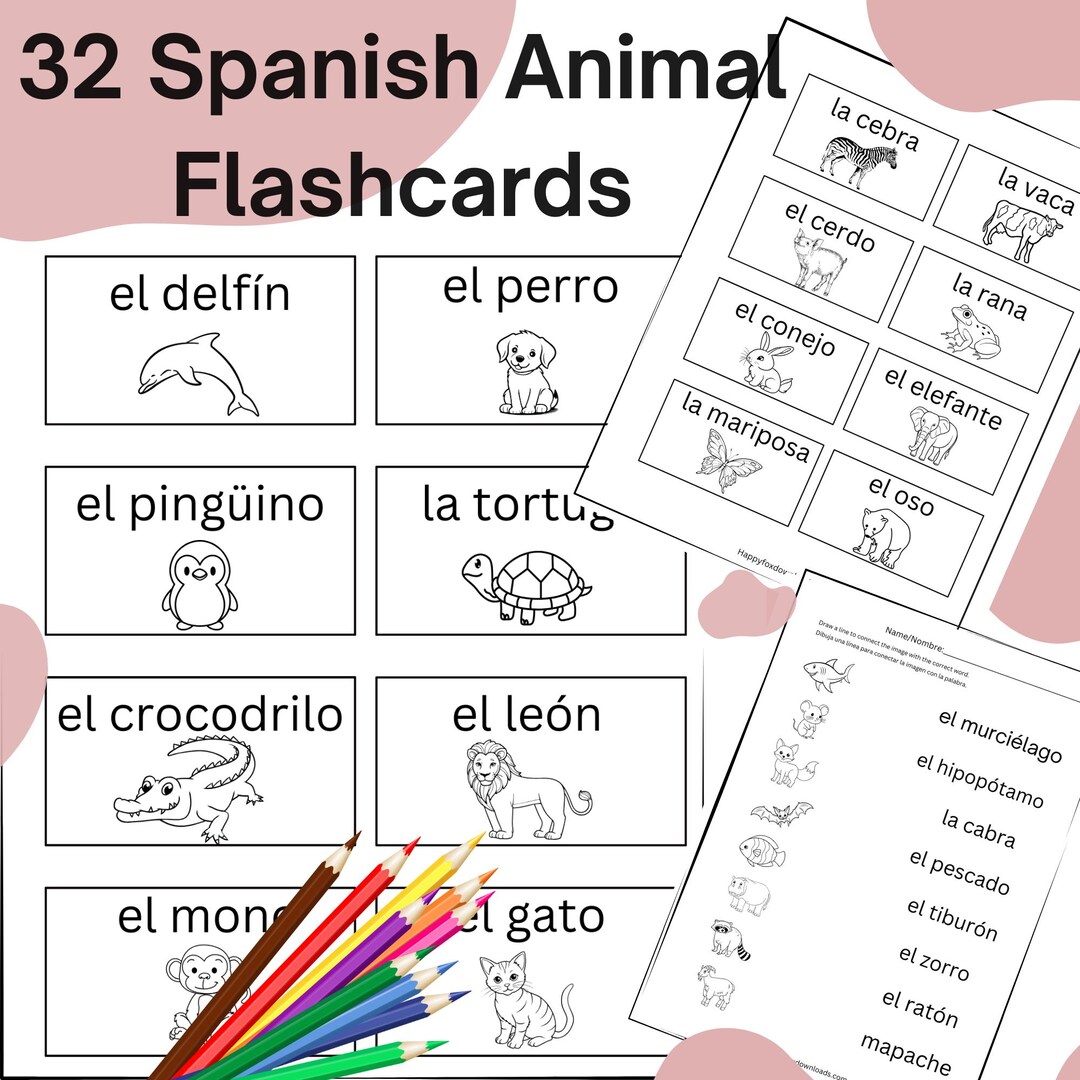 32 Animal Flashcards in Spanish With Additional Worksheets Digital ...