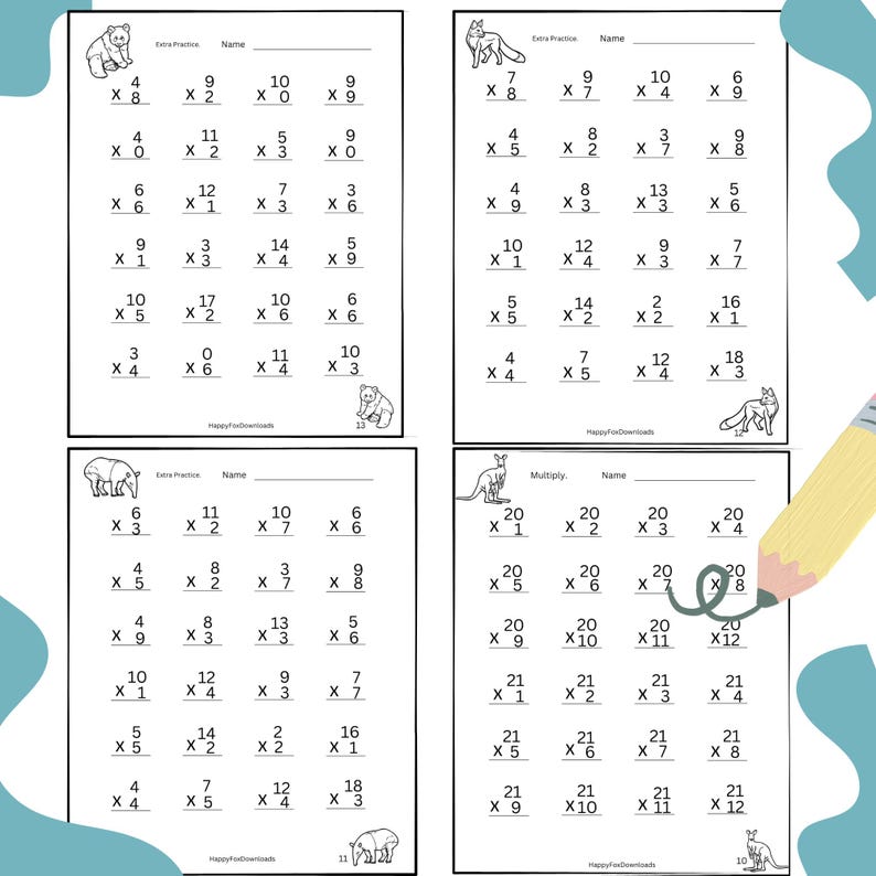 Multiplication Practice Worksheets: Wild Animals, Grades 1-4 (digital ...