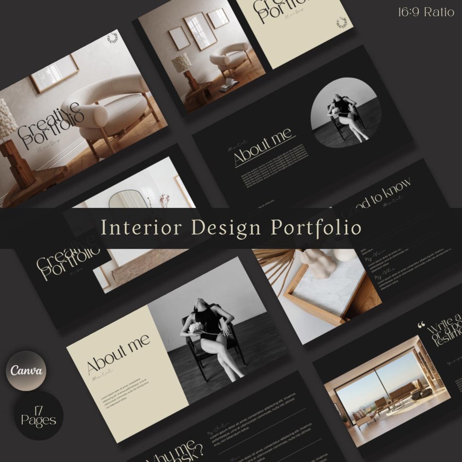 Interior Design Portfolio Canva Template Black & Beige, Editable E ...