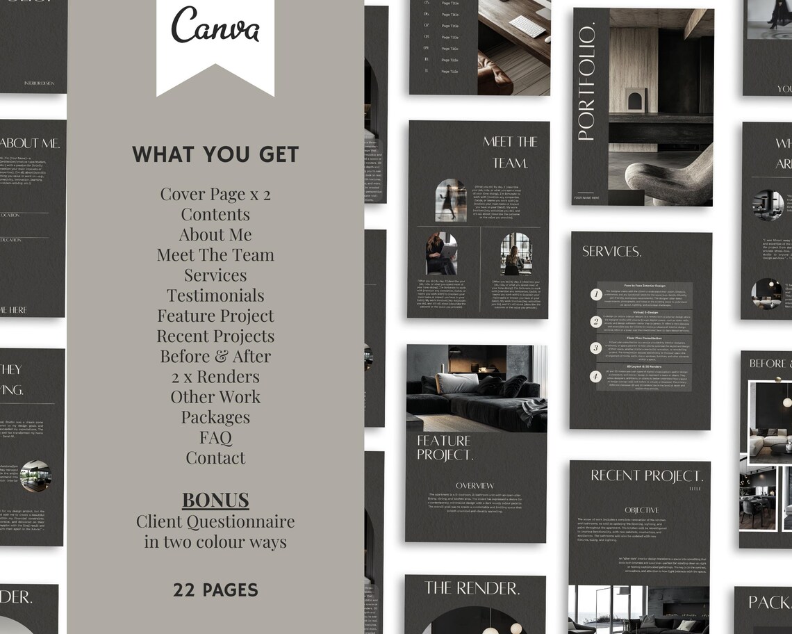 Interior Design Portfolio Template, Canva Dark Grey (A4) - Etsy