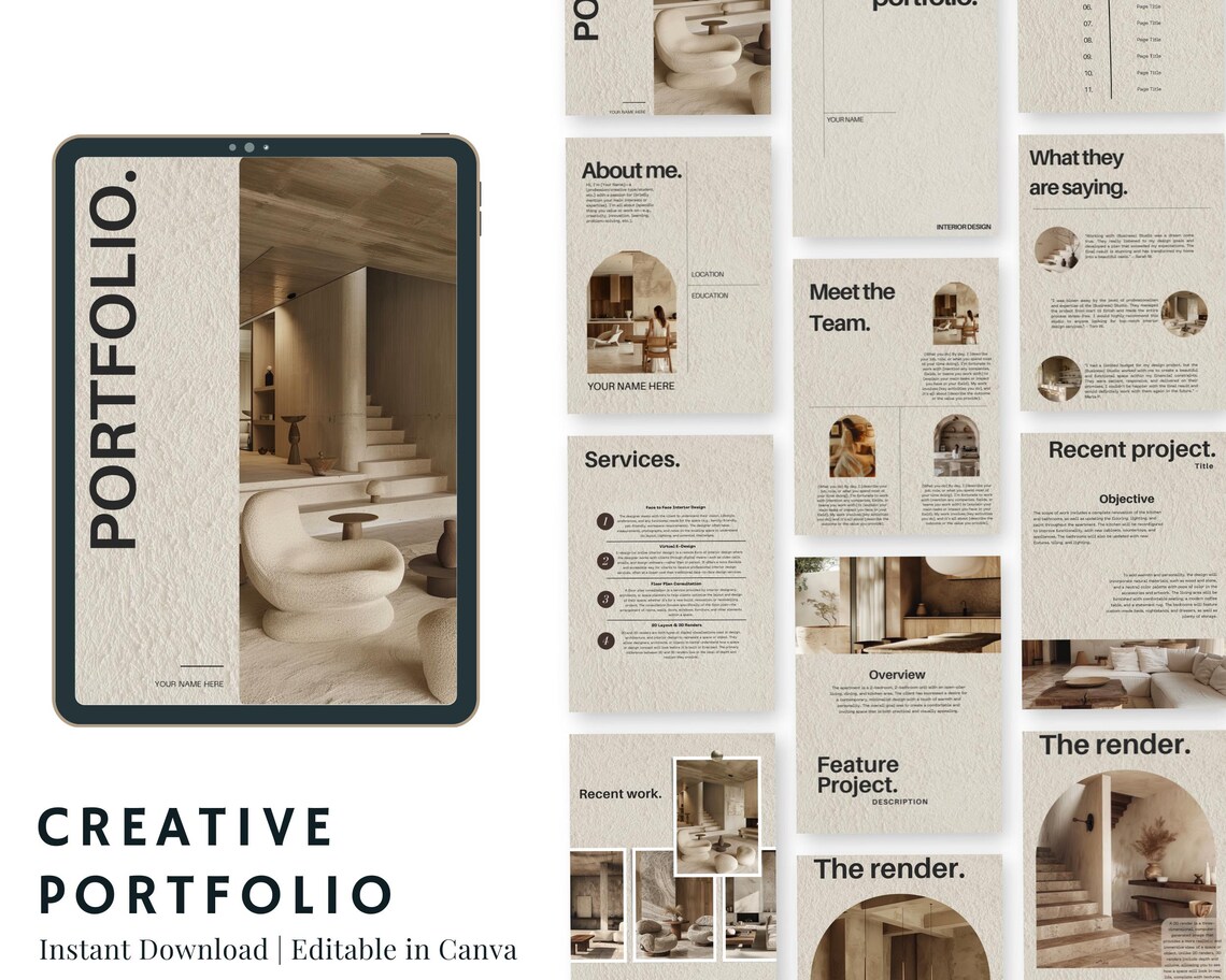 Interior Design Portfolio Canva Template, Beige Aesthetic (digital ...
