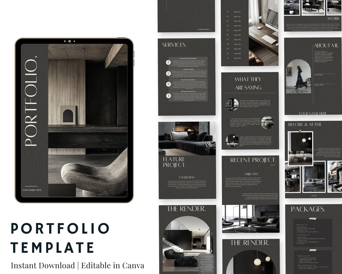 Interior Design Portfolio Template, Canva Dark Grey (A4) - Etsy