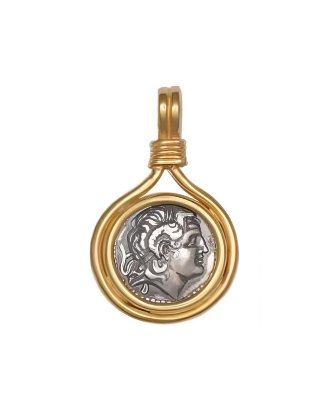 Alexander the Ancient Greek Silver Coin Pendant, Gold Plated Wire Frame ...