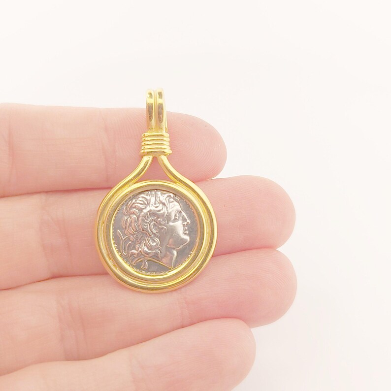 Alexander the Ancient Greek Silver Coin Pendant, Gold Plated Wire Frame ...