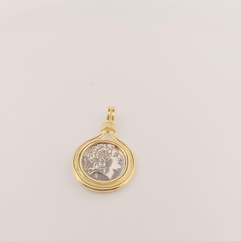 Alexander the Ancient Greek Silver Coin Pendant, Gold Plated Wire Frame ...