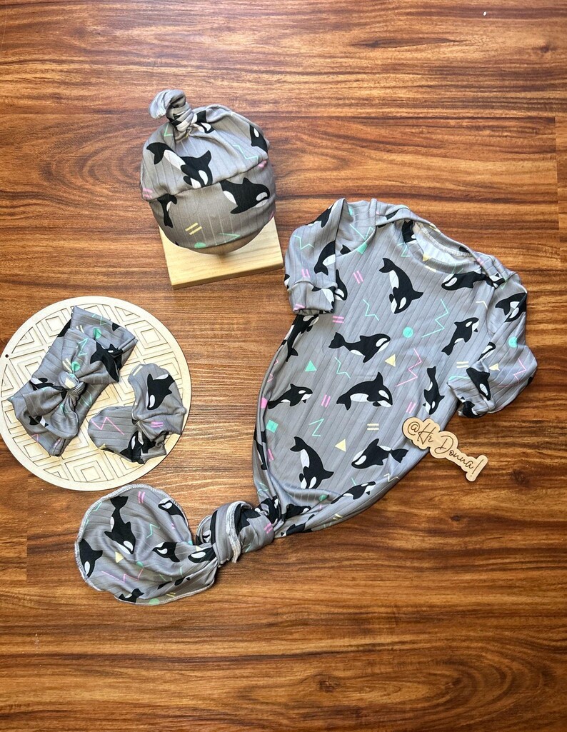 Orca Whale Knotted Gown Set: Newborn Outfit With Hat or Bow - Etsy