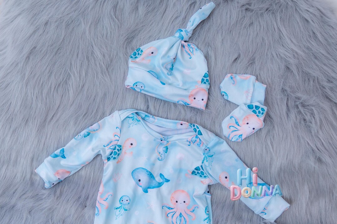 Ocean Friends Knotted Baby Gown Set: Handmade Newborn Essentials - Etsy