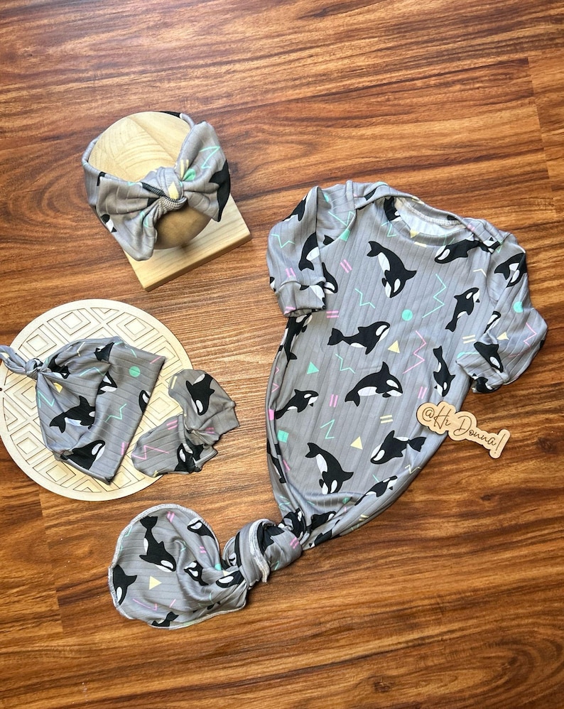 Orca Whale Knotted Gown Set: Newborn Outfit With Hat or Bow - Etsy