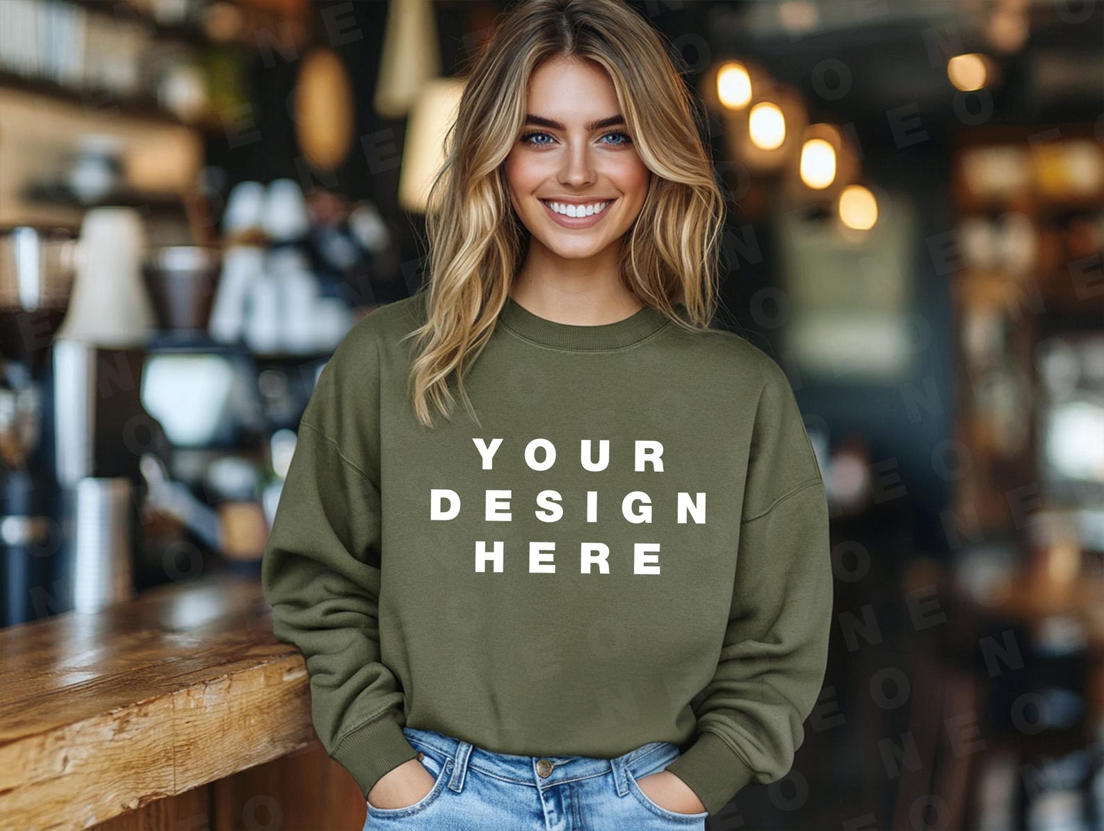 Gildan 18000 Military Green Mockup | Female | Sweatshirt Mockup ...