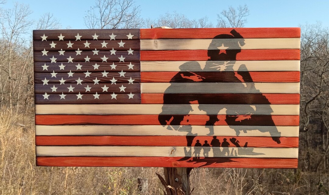 Wood American Flag With Soldier Burn 21"x11" Glossy Finish - Etsy